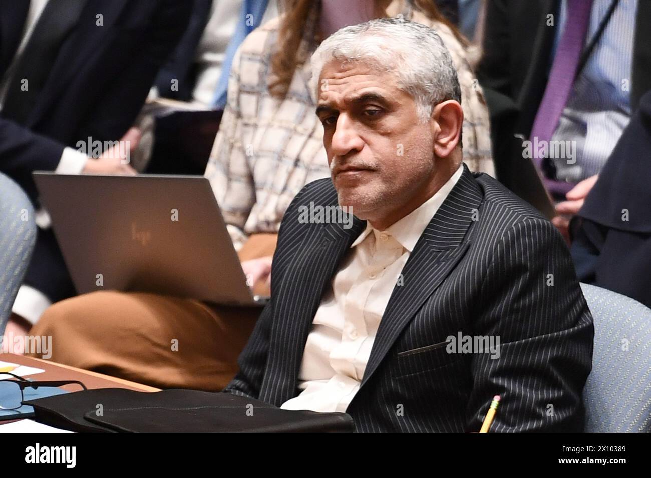 New York, USA. 14th Apr, 2024. Amir Saeid Iravani, Permanent Representative of the Islamic ...