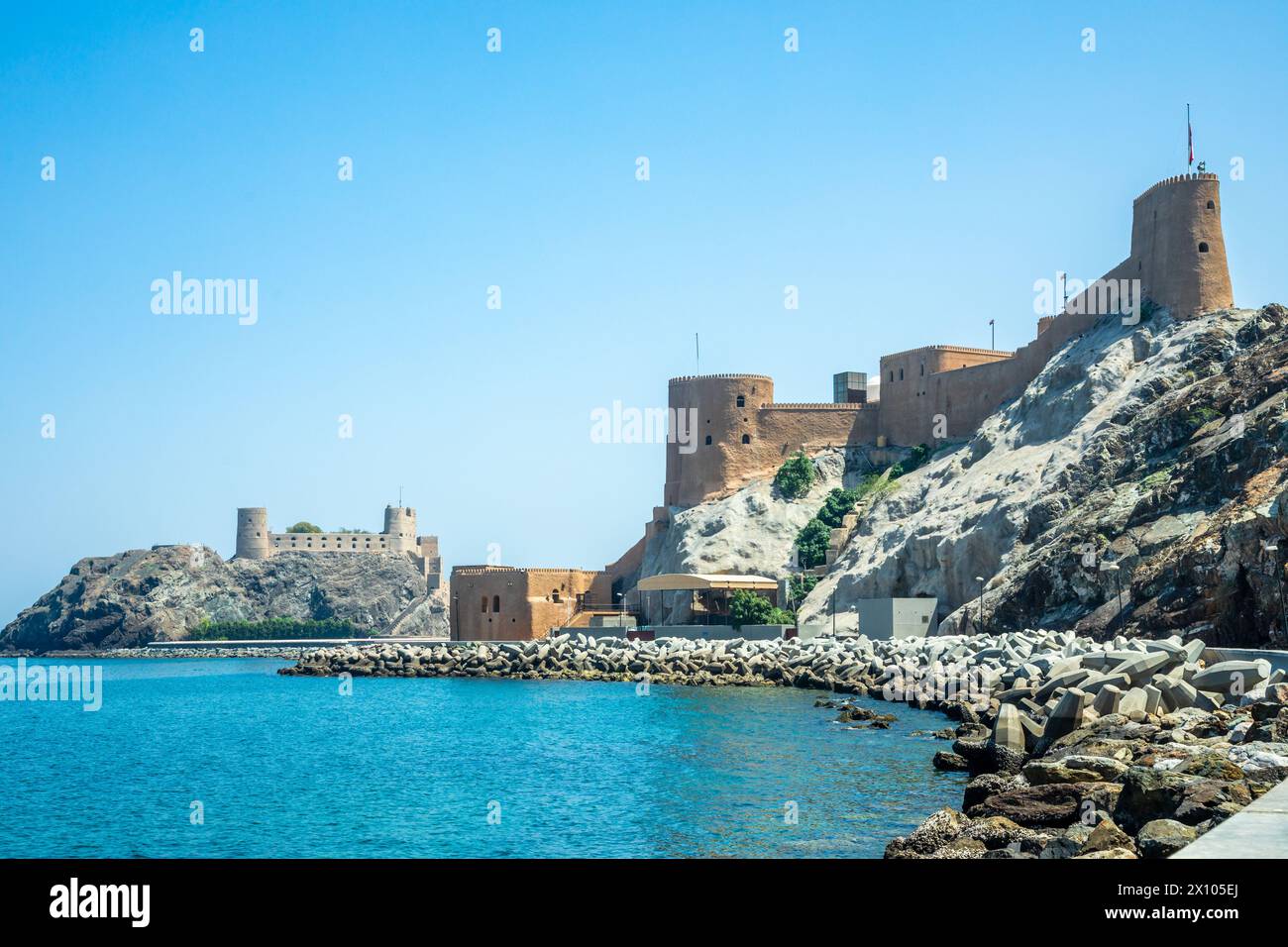 View to the arabian Al Mirani and Al Jalali castles standing on the ...