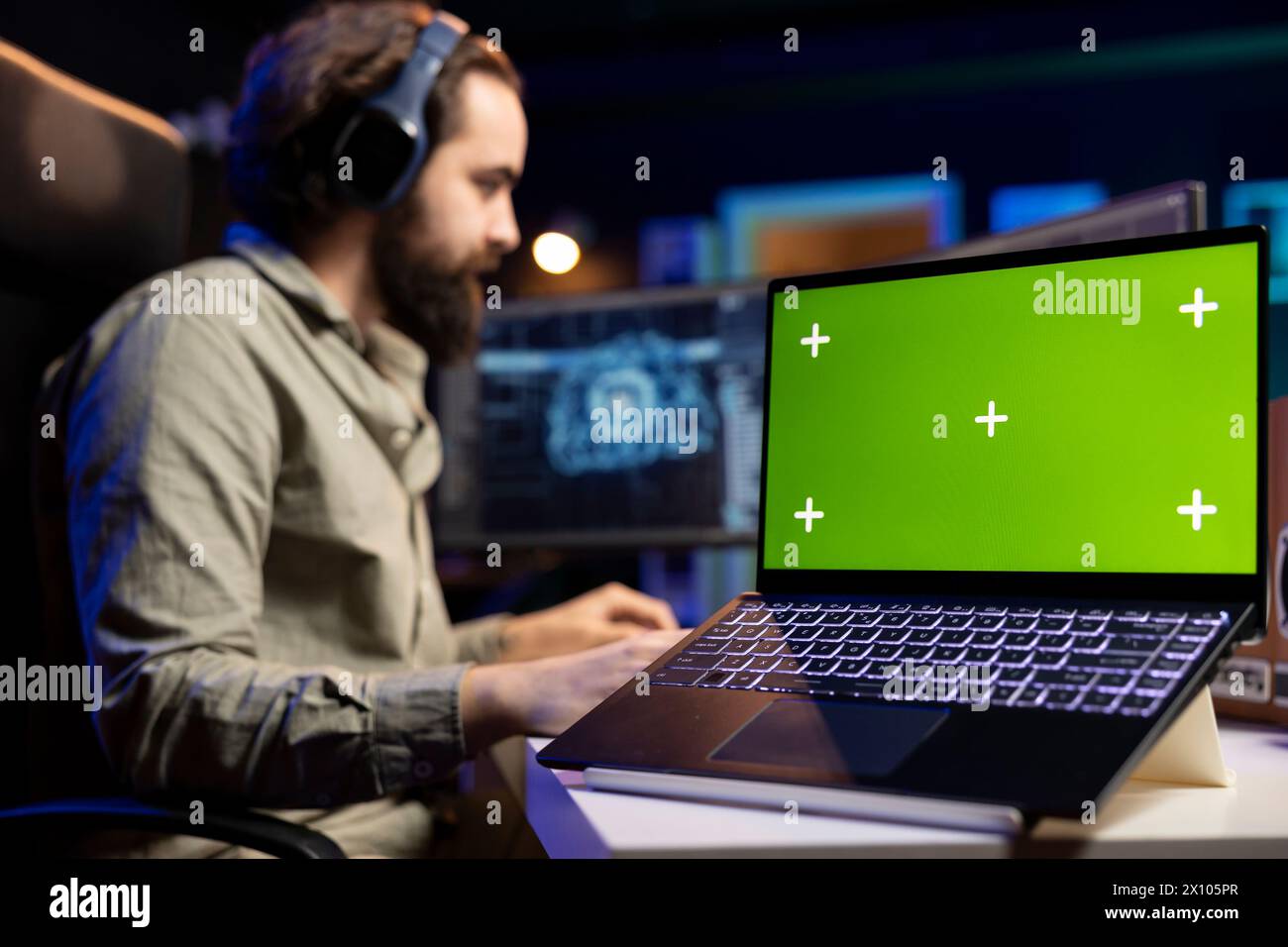 Focus on isolated screen laptop used by engineer updating artificial intelligence machine ...