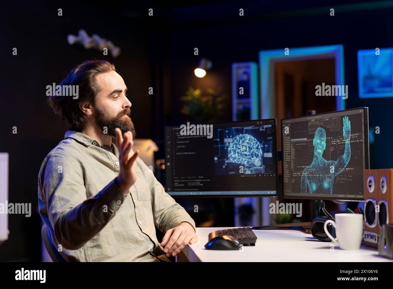 Self aware AI gaining anthropomorphic form inside cyberspace, waving ...