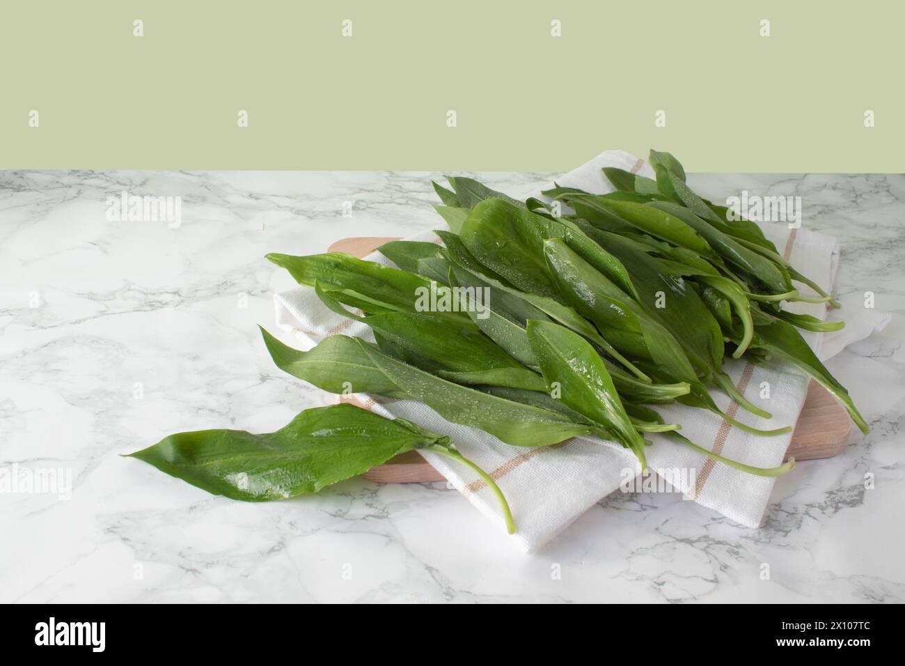Ramsons wet on marble work surface in a kitchen. Healthy food concept ...