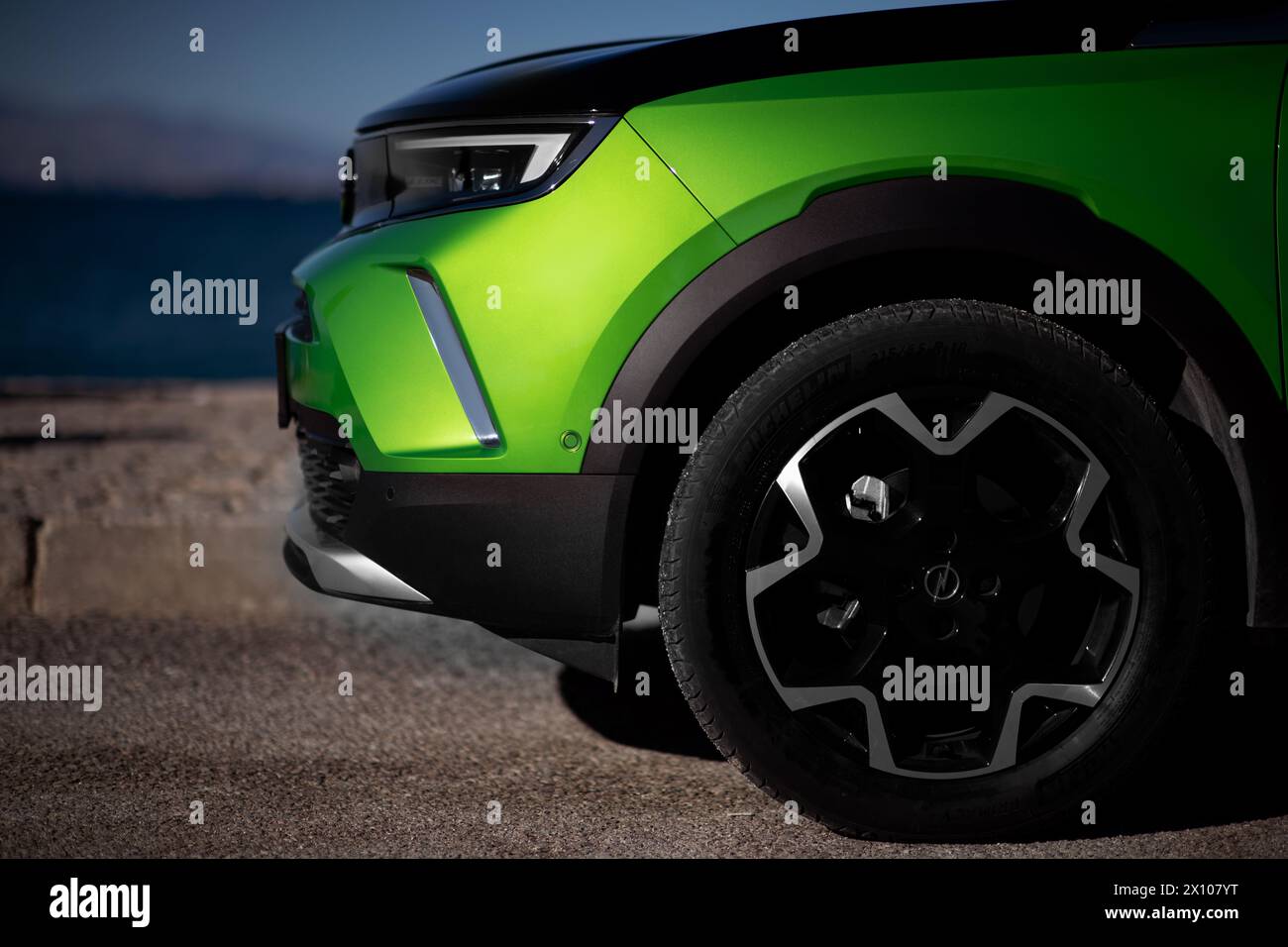 Izmir, Turkey - December 23, 2023: Close-up shot of a green 2022 Opel ...