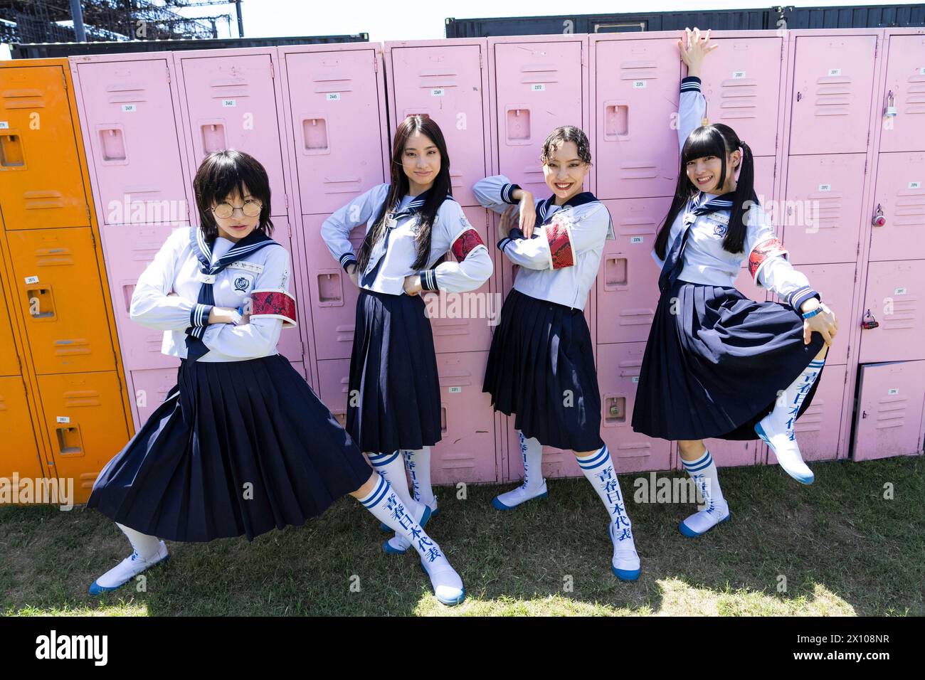 SUZUKA, left, KANON, RIN, and MIZYU of Atarashii Gakko! pose during the ...
