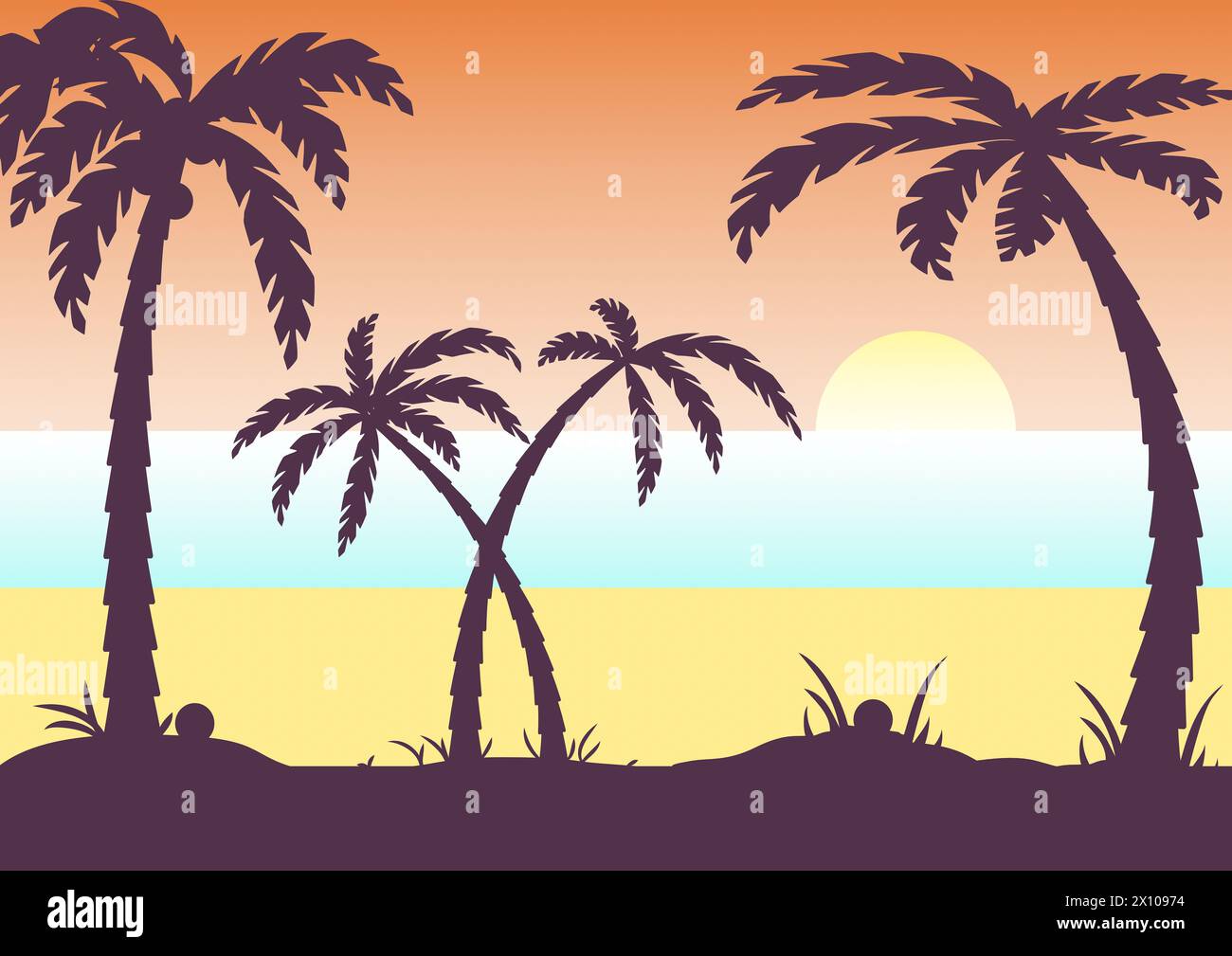 Illustration of a sunset on a beautiful beach with palm trees Stock ...
