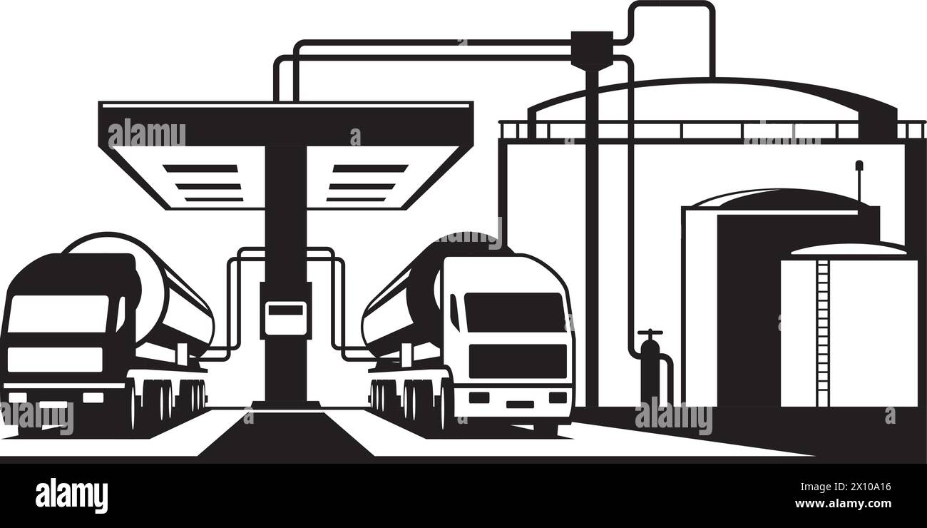Loading oil tank trucks at petroleum terminal – vector illustration ...