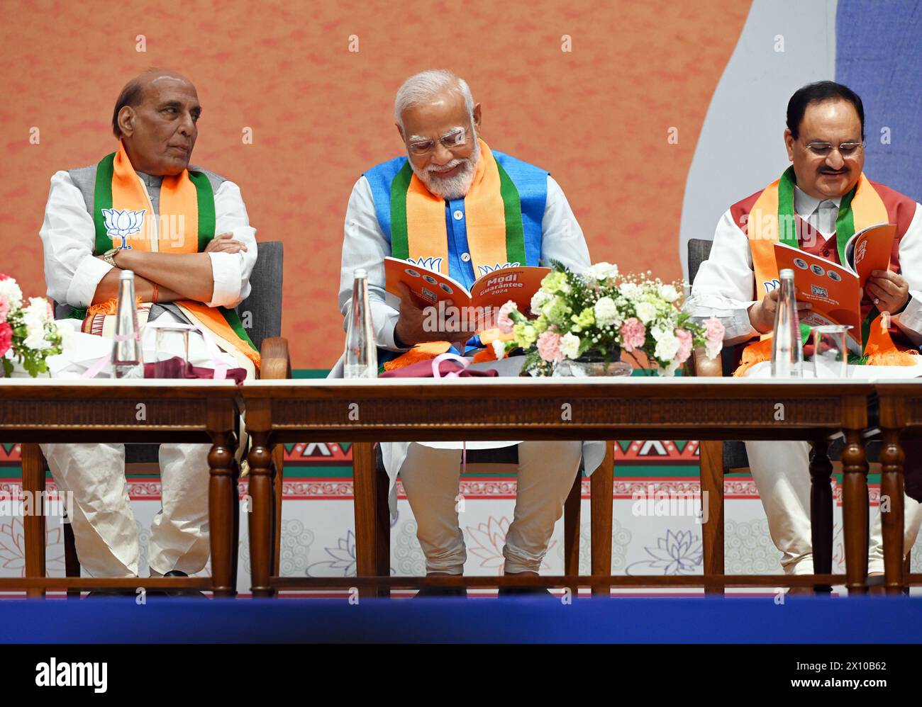 NEW DELHI, INDIA - APRIL 14: Prime Minister Narendra Modi, Defence Minister Rajnath Singh, BJP ...