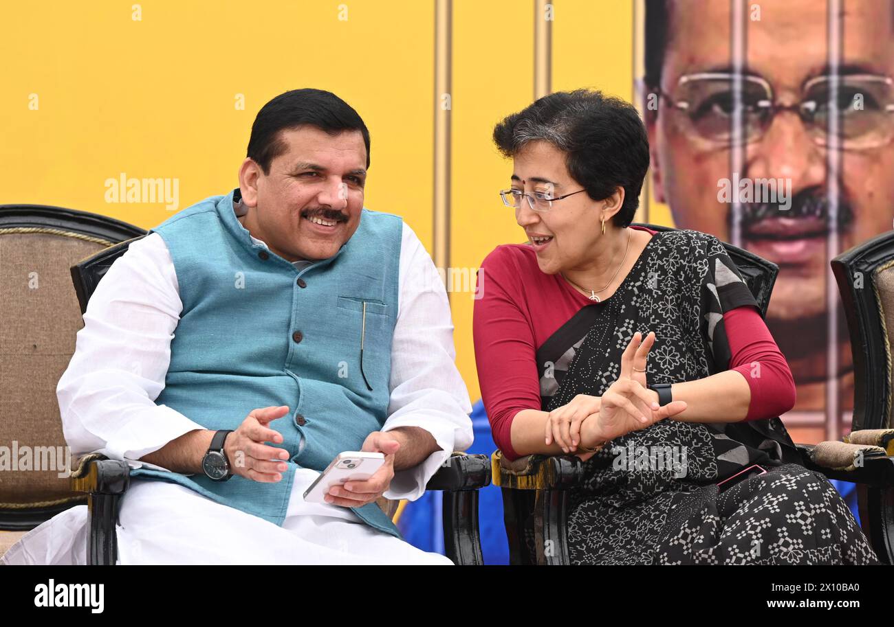 NEW DELHI, INDIA - APRIL 14: AAP leaders Sanjay Singh with Atishi and ...