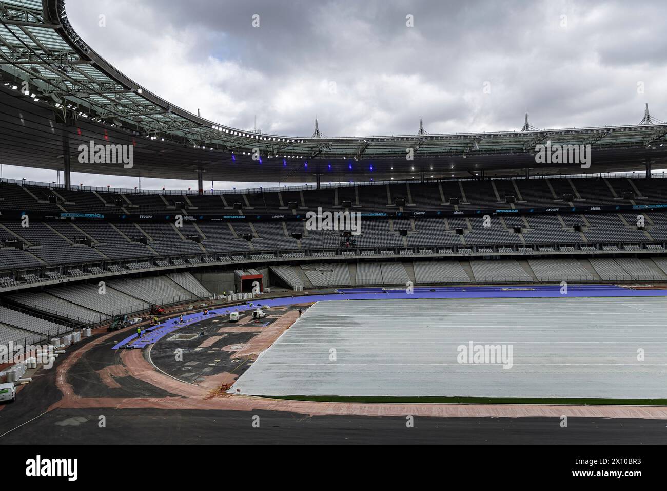 The purple athletics track at the Olympic Stadium, currently known as ...