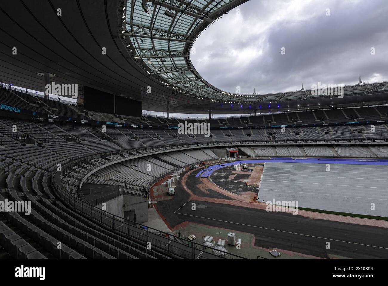 The purple athletics track at the Olympic Stadium, currently known as ...