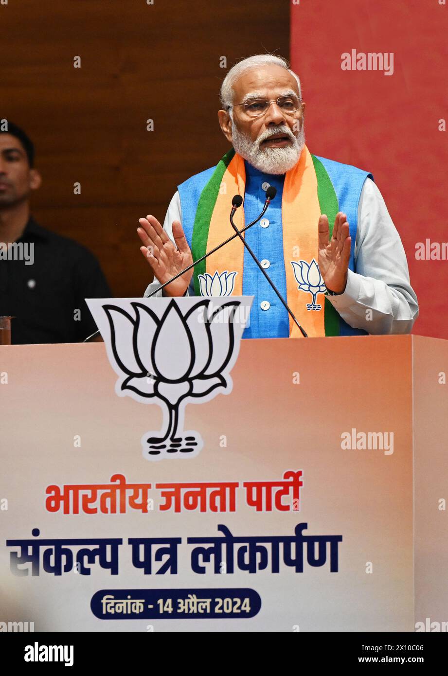 NEW DELHI, INDIA - APRIL 14: Prime Minister Narendra Modi address the gathering during the ...
