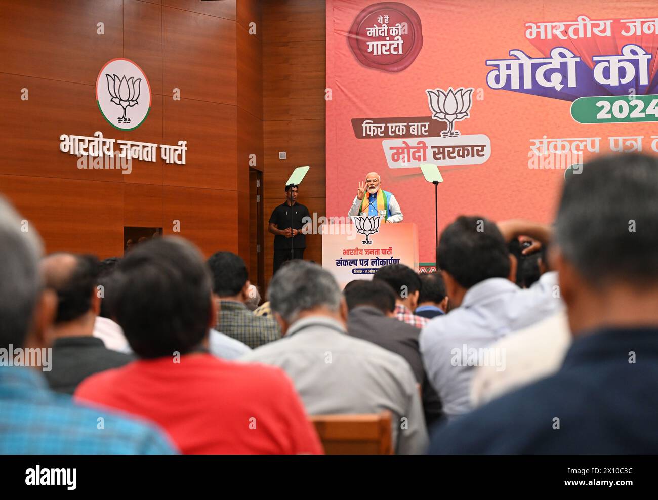 NEW DELHI, INDIA - APRIL 14: Prime Minister Narendra Modi during the launch of BJP's Sankalp ...