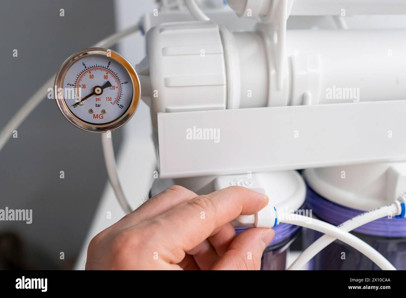 Pressure gauge shows the pressure in the reverse osmosis system Stock ...
