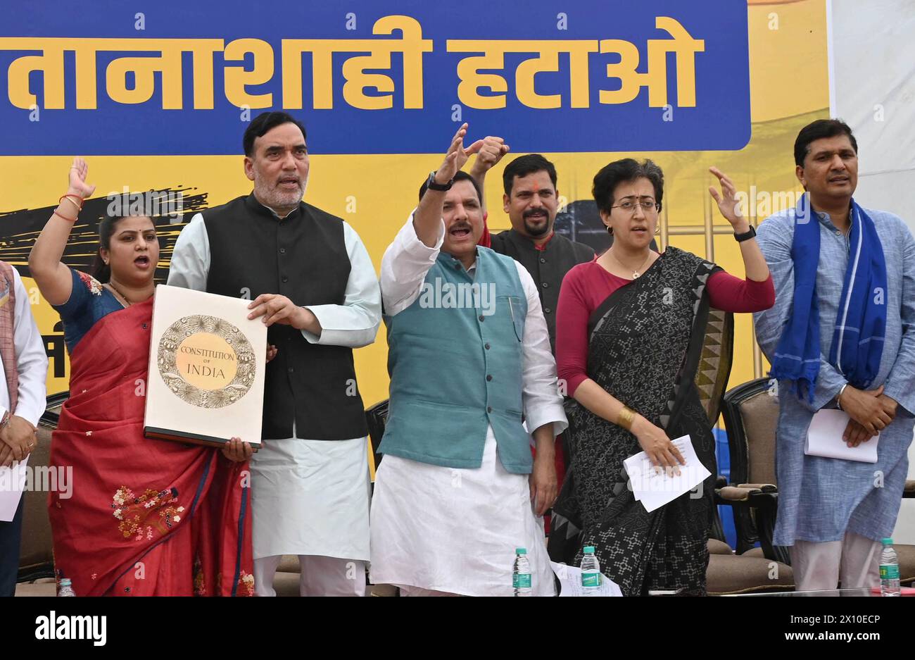NEW DELHI, INDIA - APRIL 14: AAP leaders Sanjay Singh, Gopal Rai ...