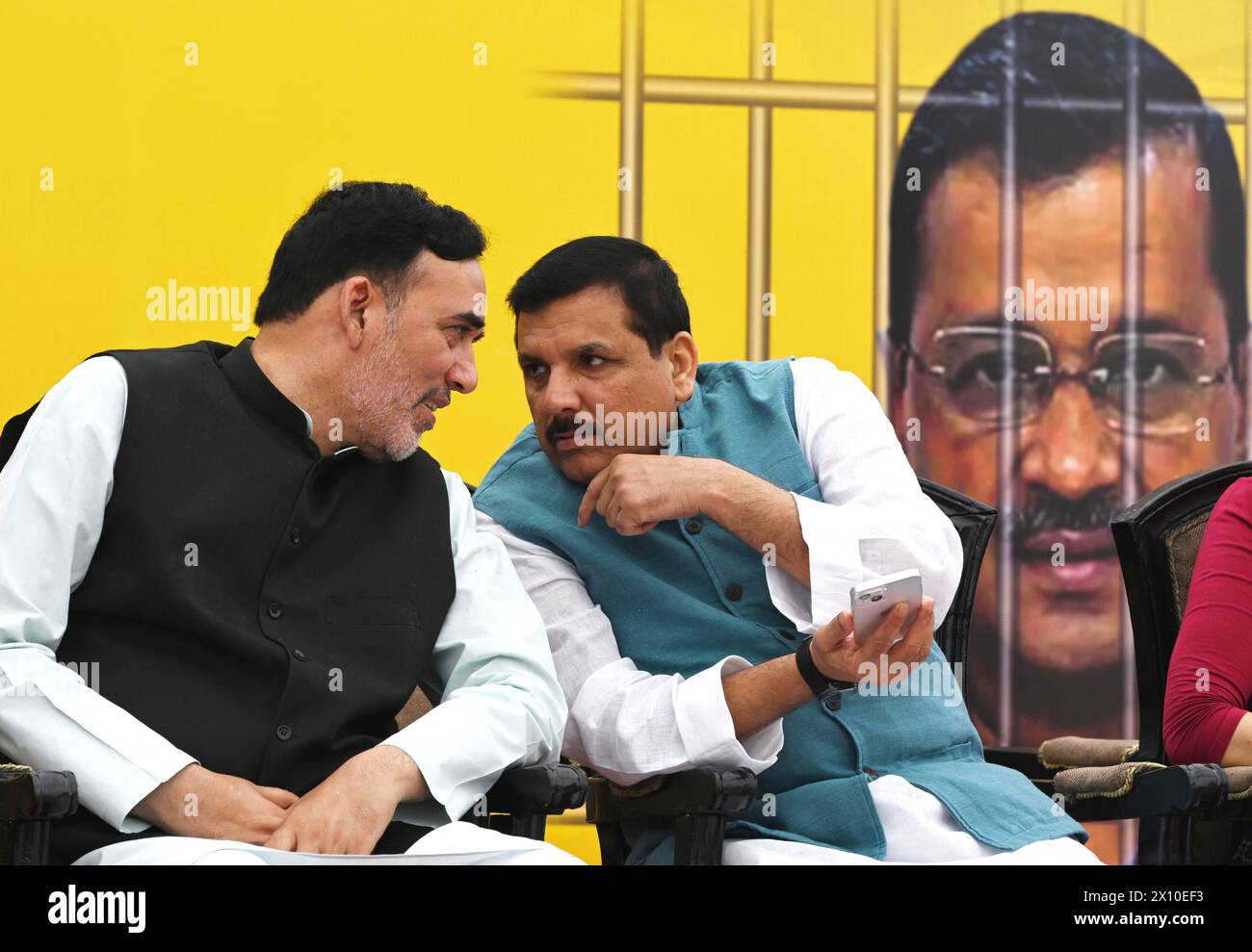 NEW DELHI, INDIA - APRIL 14: AAP leaders Sanjay Singh, Gopal Rai ...