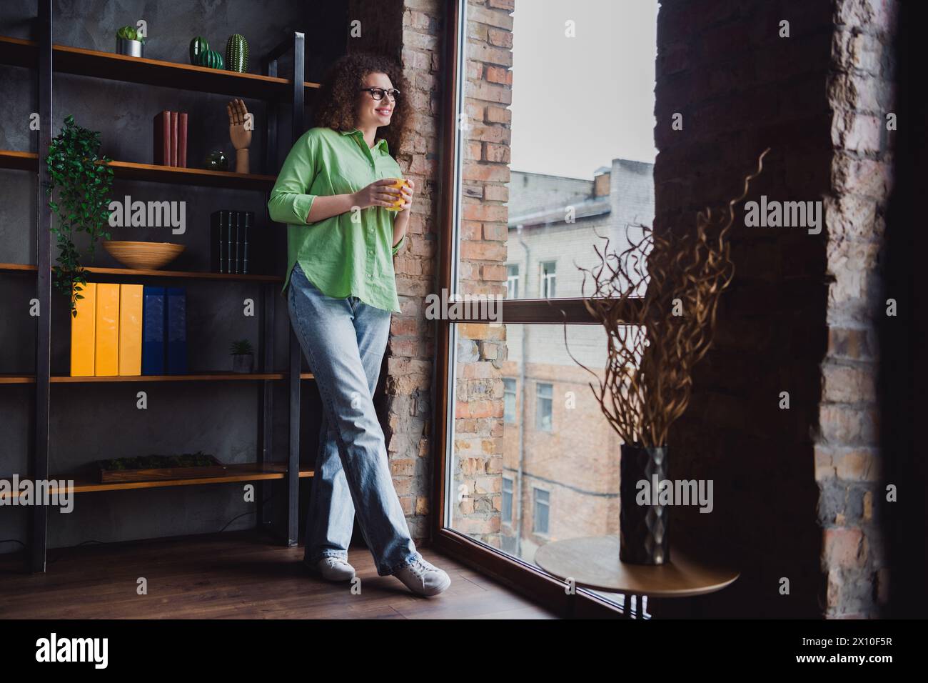 Photo of cute lovely dreamy woman drinking tasty morning latte looking ...