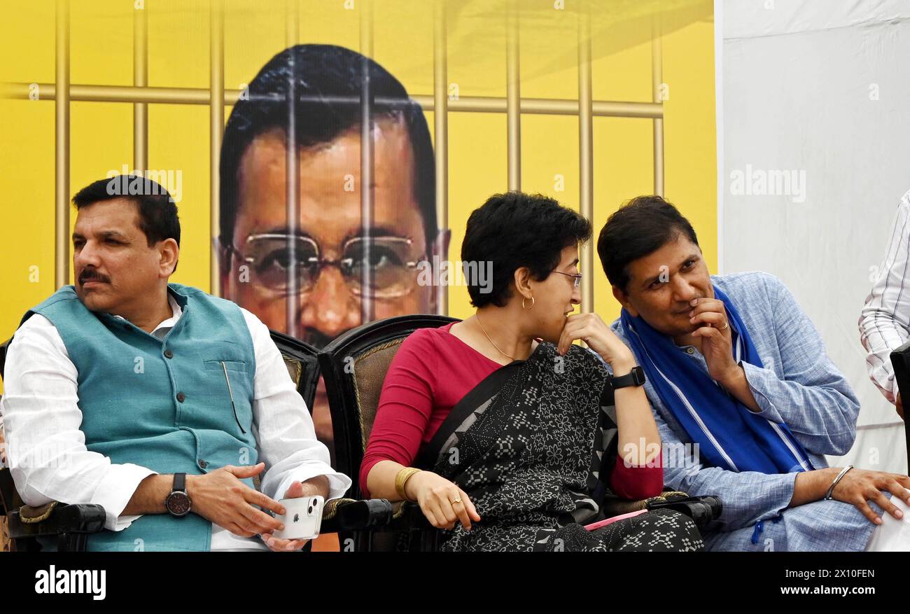 NEW DELHI, INDIA - APRIL 14: AAP leaders Sanjay Singh, Atishi, Saurabh ...
