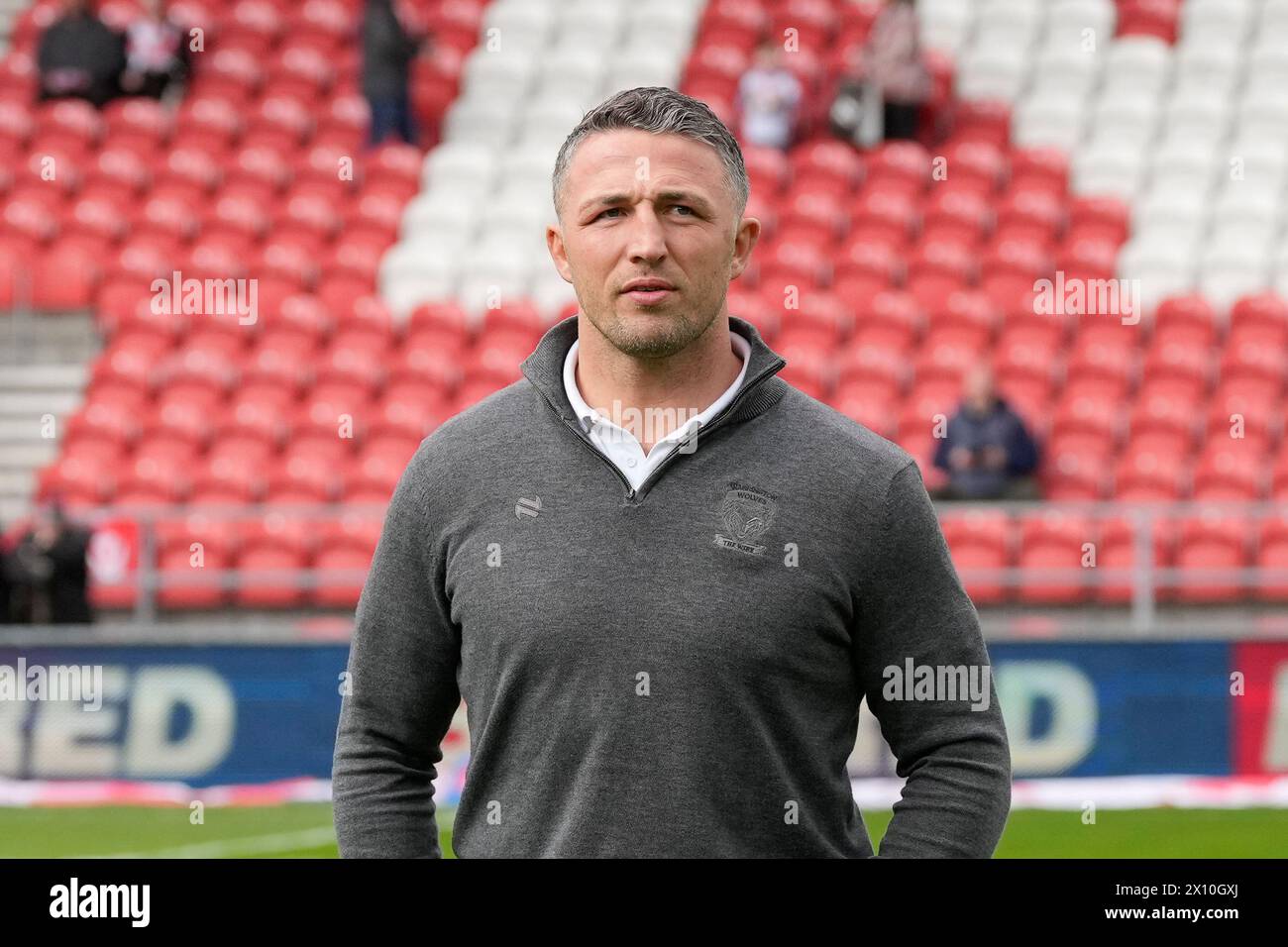 Sam Burgess, Coach of Warrington Wolves inspects the pitch before the ...
