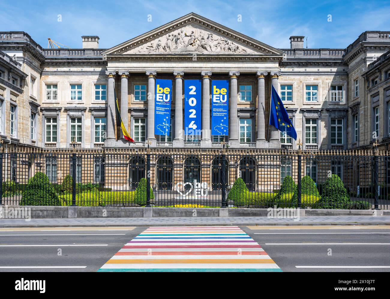 Brussels City Center, Belgium - April 13, 2024 - Neo classical facade ...