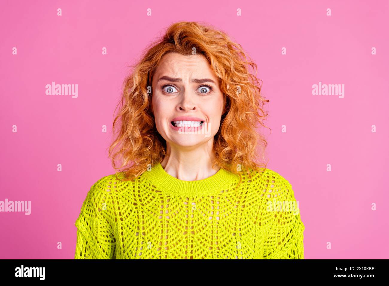 Photo of anxious embarrassed girl wear stylish green clothes bad mood ...
