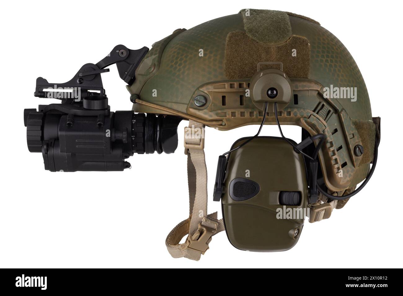 Night vision goggles on military helmet isolated on white background ...