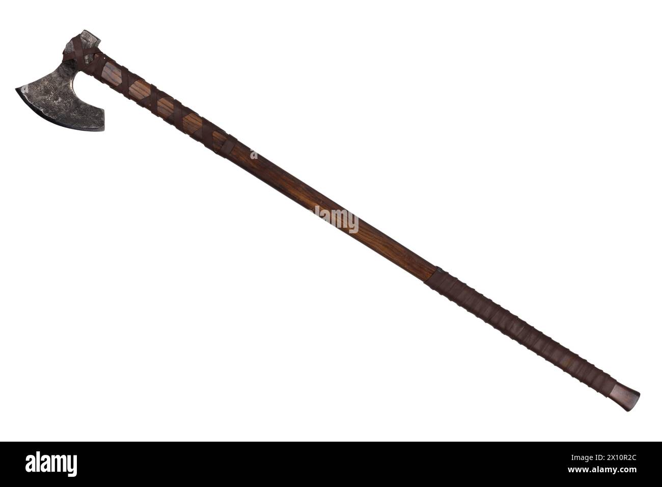 antique battle axe with long wooden handle on white background Stock ...