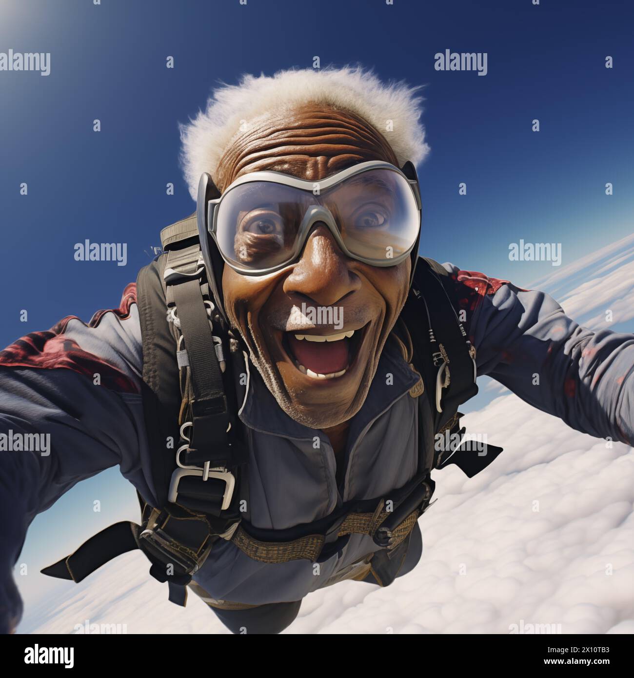 Happy senior black man with parachute looking at camera while skydiving ...