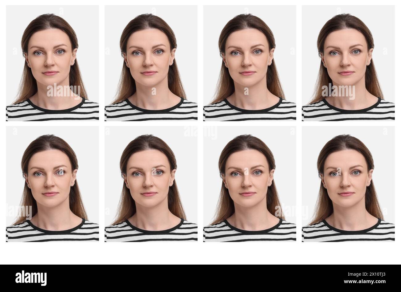 Passport photo, collage. Woman on white background, set of photos Stock ...