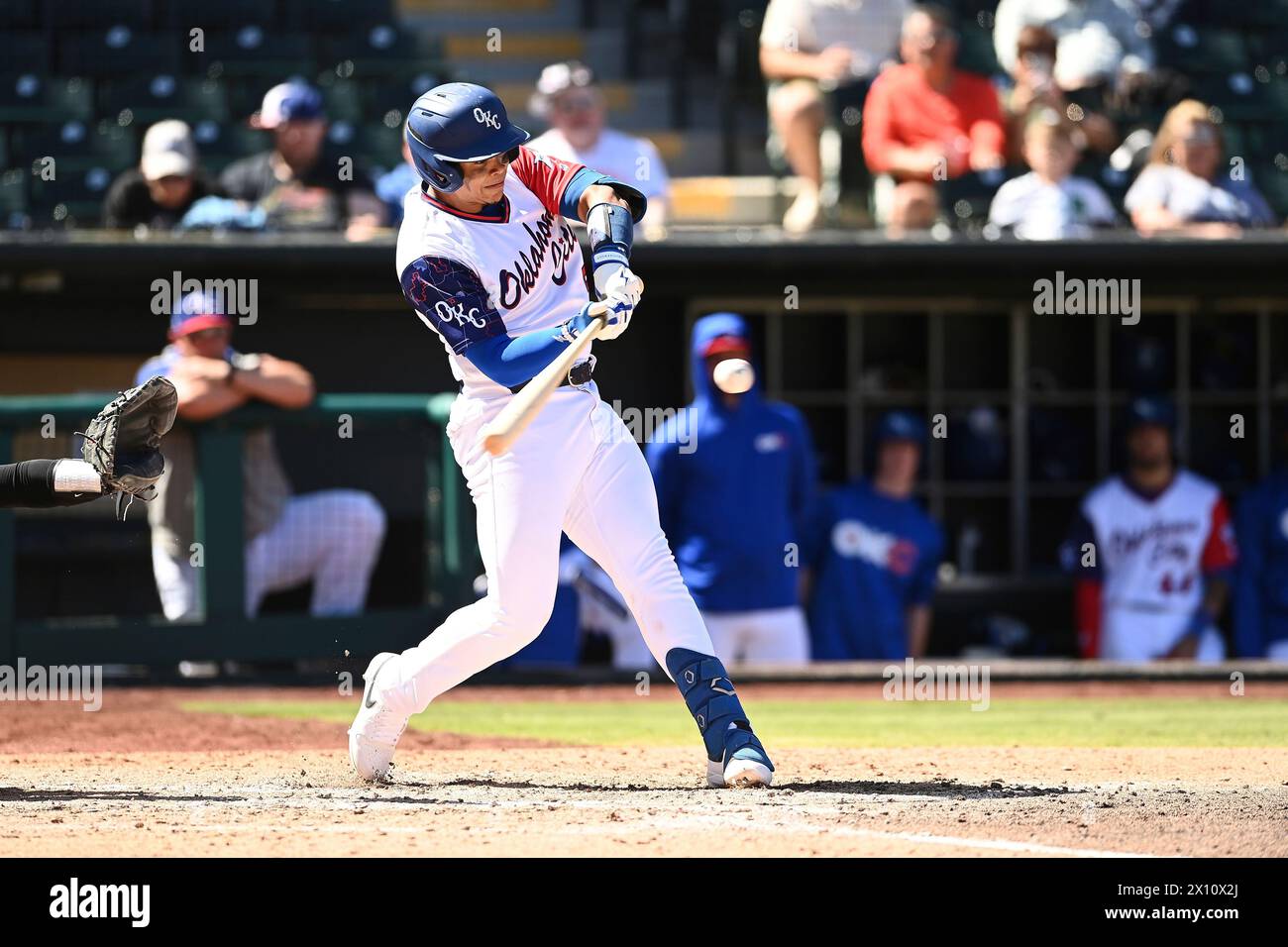 Frank Rodriguez (5) of the Oklahoma City Baseball Club bats in the game ...