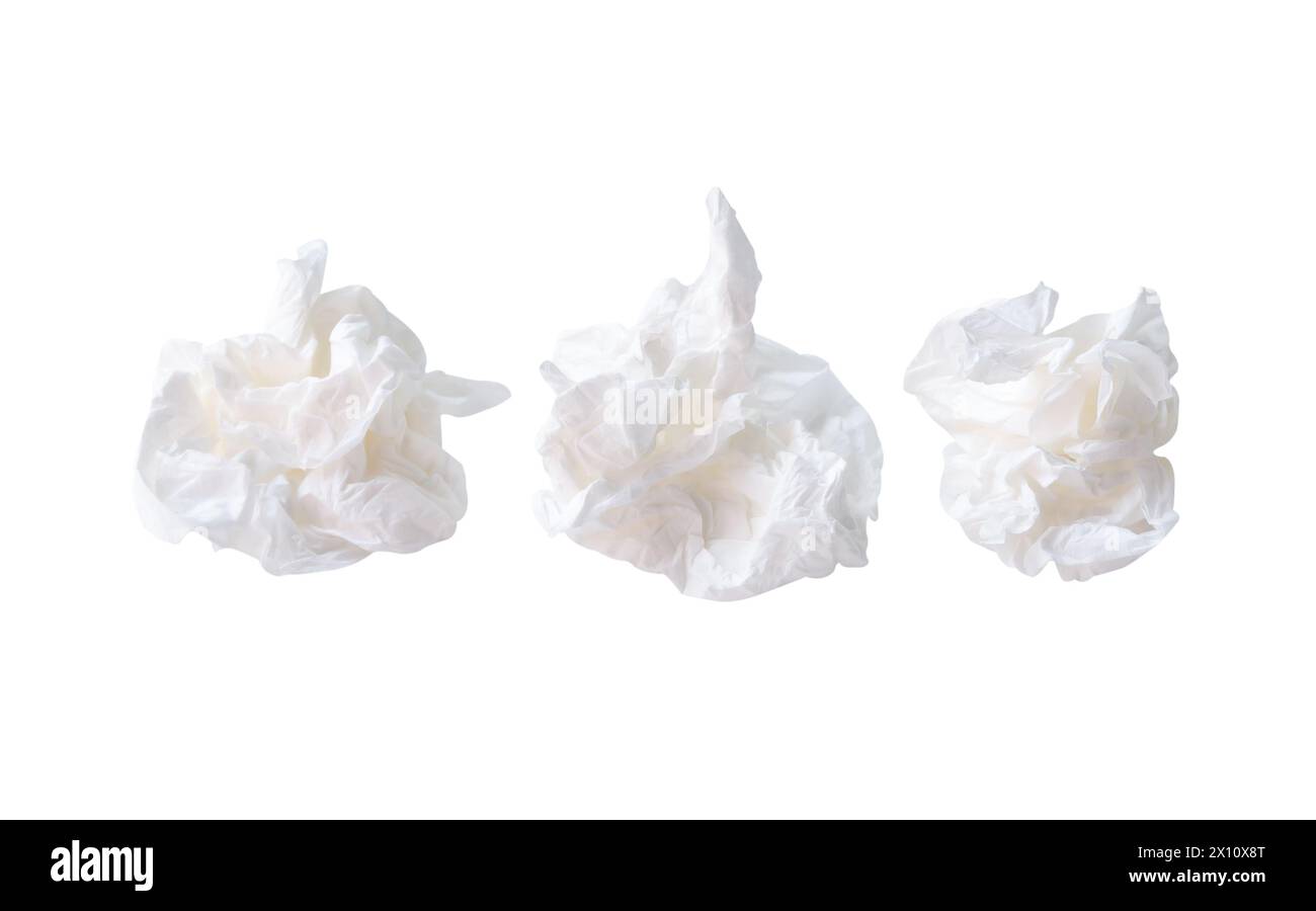 Front view set of screwed or crumpled tissue paper or toilet paper ...