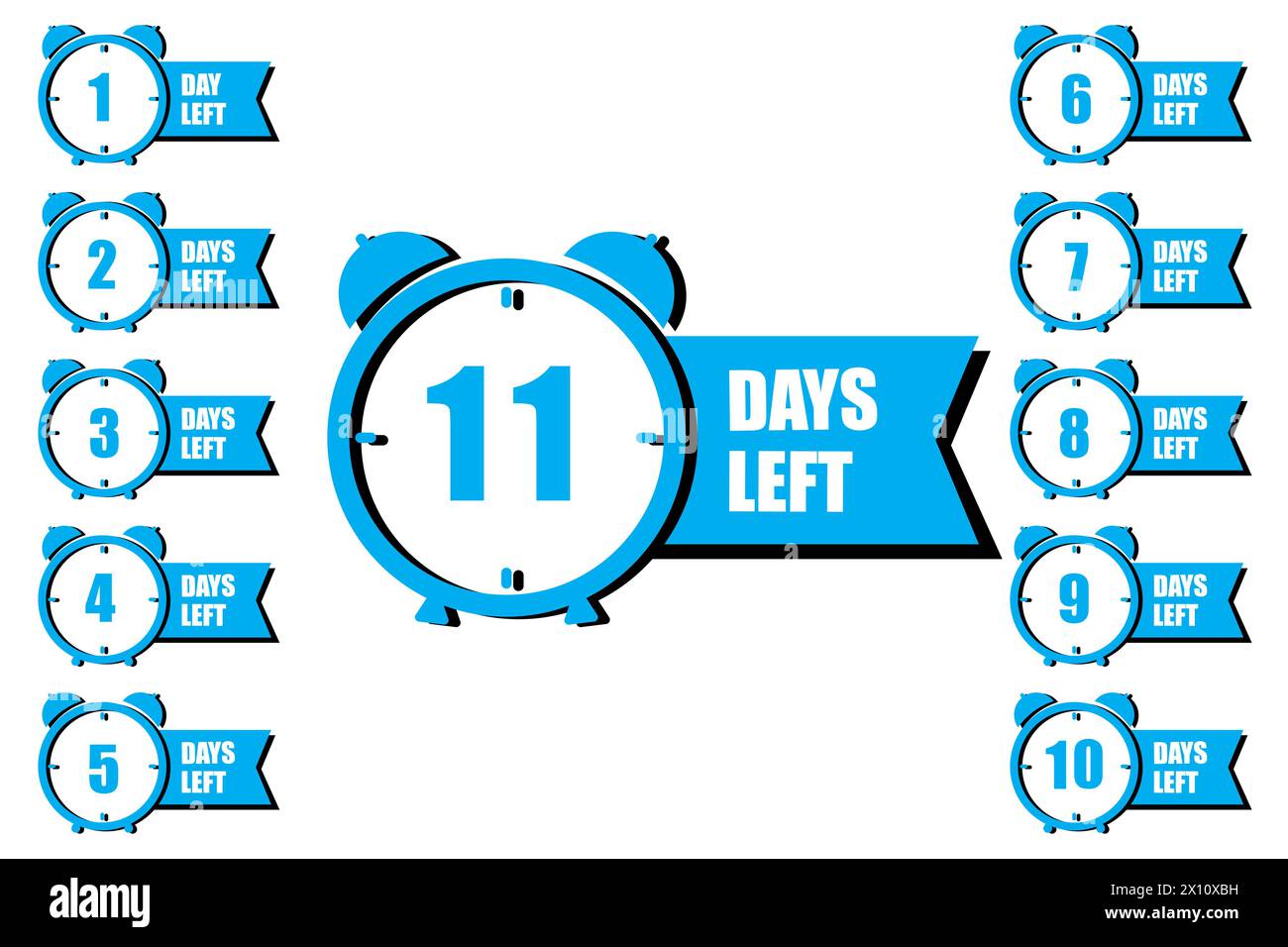 Countdown alarm clocks, 1 to 11 days left banners. Urgency concept ...