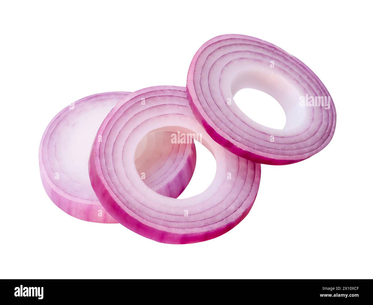Top view of red or purple onion rings or slices in stack is isolated on ...