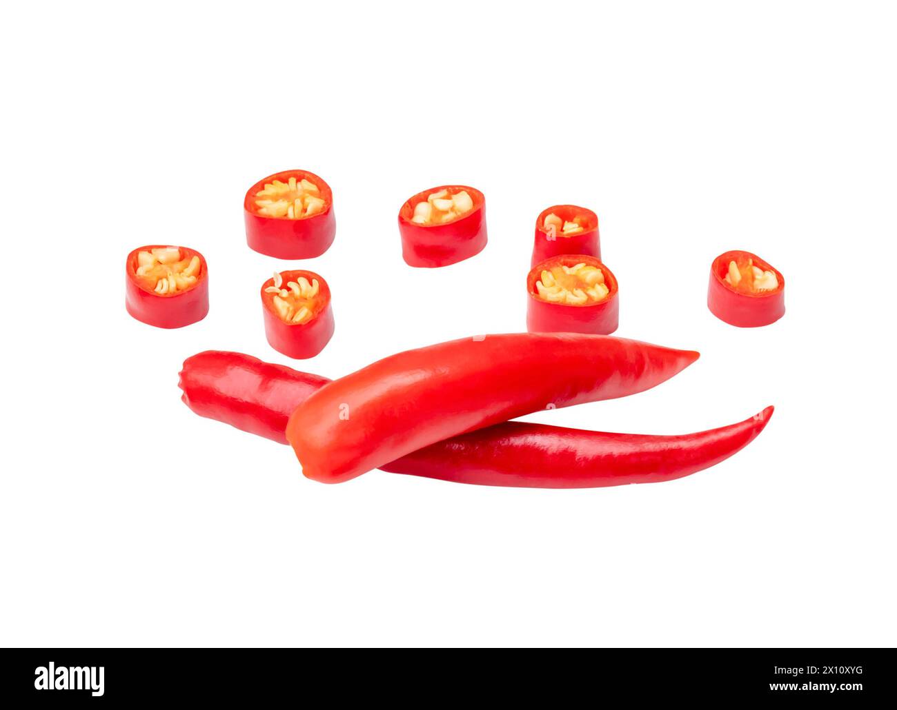 Top view set of red chili pepper or cayenne pepper with slices in stack ...