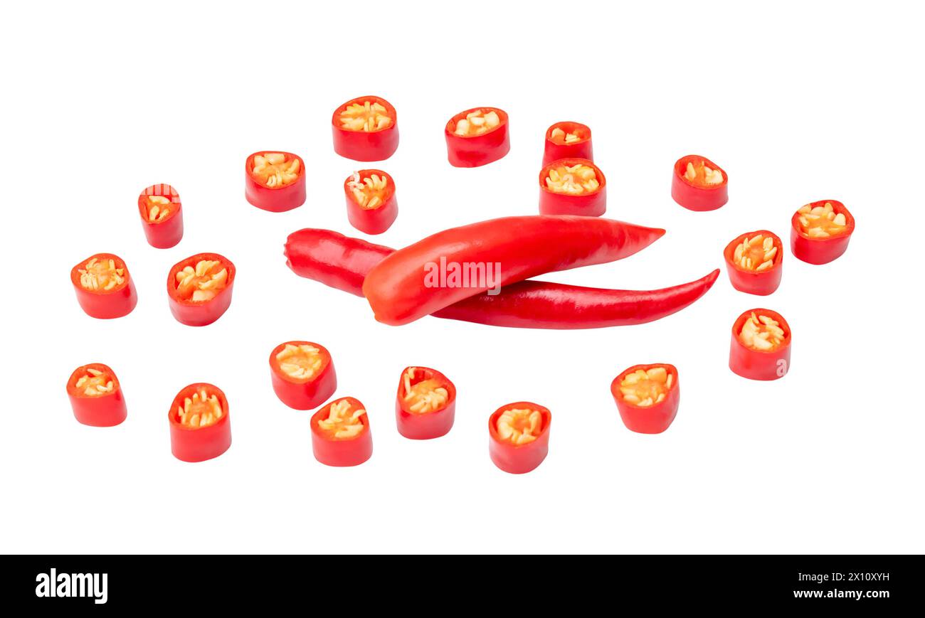 Top view set of red chili pepper or cayenne pepper with slices in stack ...