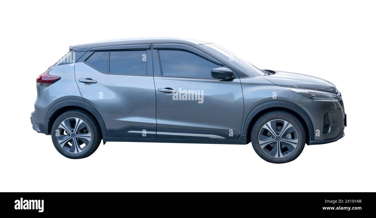 Side view of beautiful dark gray hatchback car is isolated on white ...