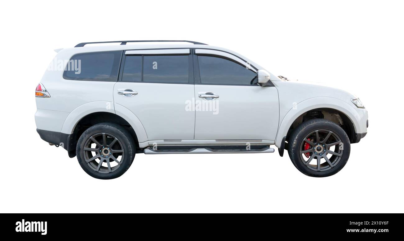 Side view of single white SUV car is isolated on white background with ...