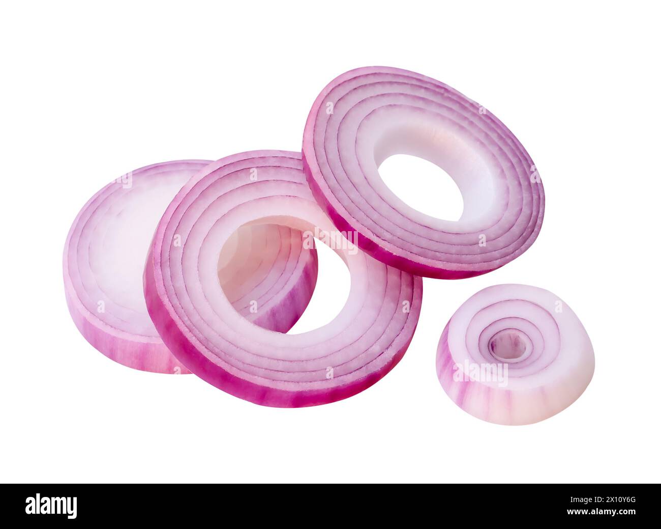 Top view set of red or purple onion rings or slices in stack is ...