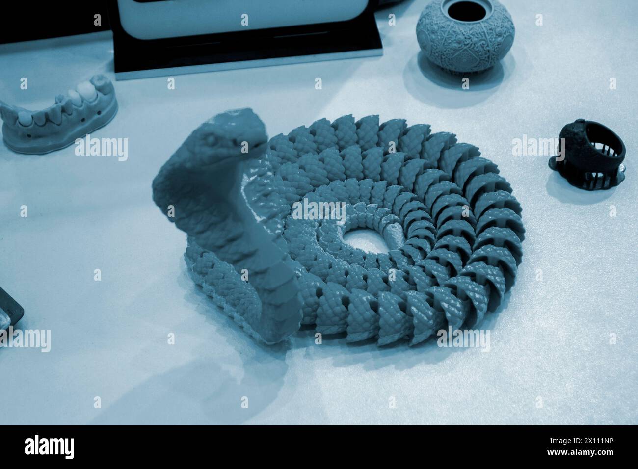 Snake toy model printed on a 3D printer from melted plastic. Snake ...