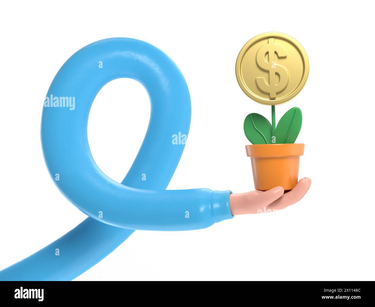 3d pot of plant with gold coin flower in hand on white background ...