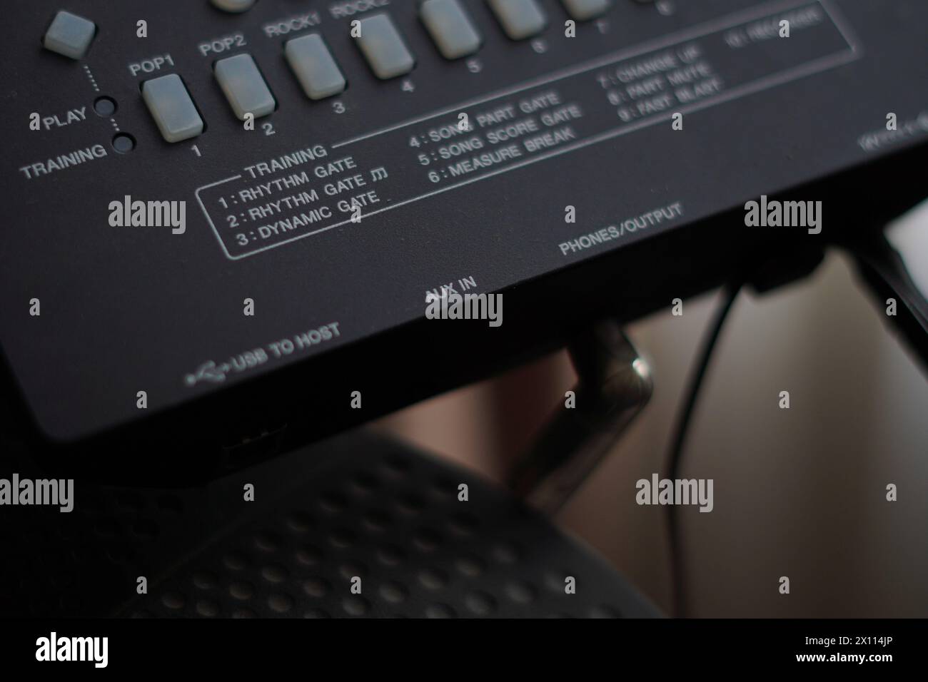 The words "aux in" for audio input on the electric drum module Stock ...
