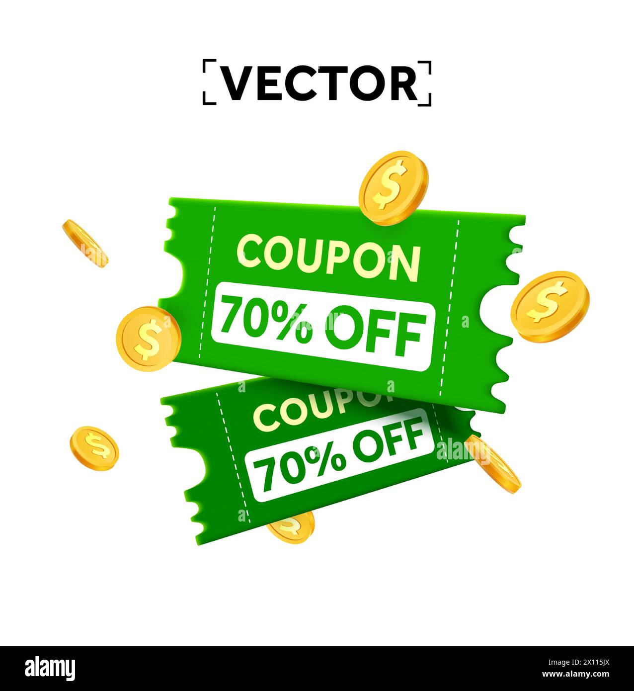 3d couple of green coupons with promotional code percentage with golden ...