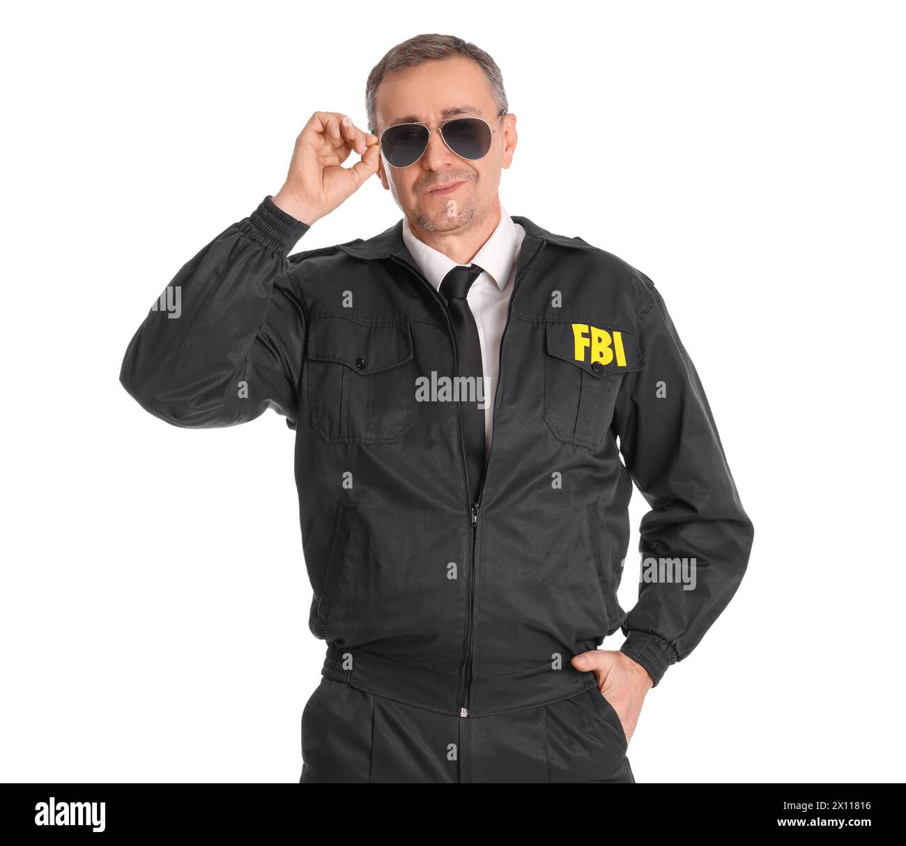 Mature FBI agent in sunglasses on white background Stock Photo - Alamy