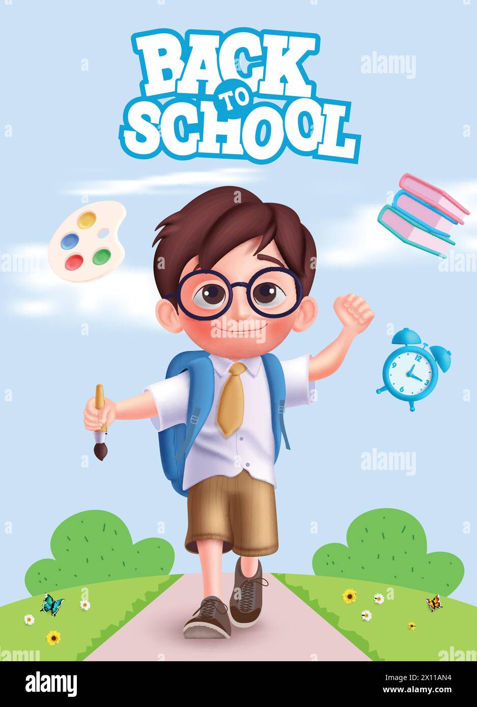 Back to school boy character vector poster. School kid cute character ...