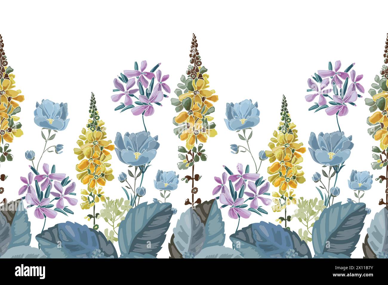 Vector floral seamless pattern, border. Blue and yellow flowers Stock ...