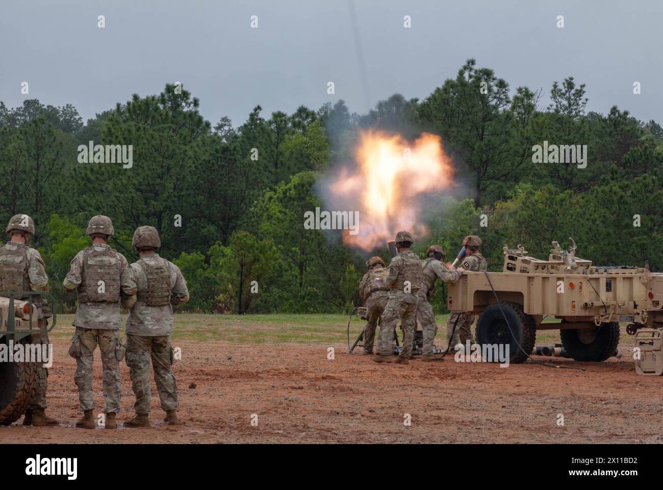 U.S. Army Soldiers aim and fire a 120mm M120A1 Towed Mortar System ...
