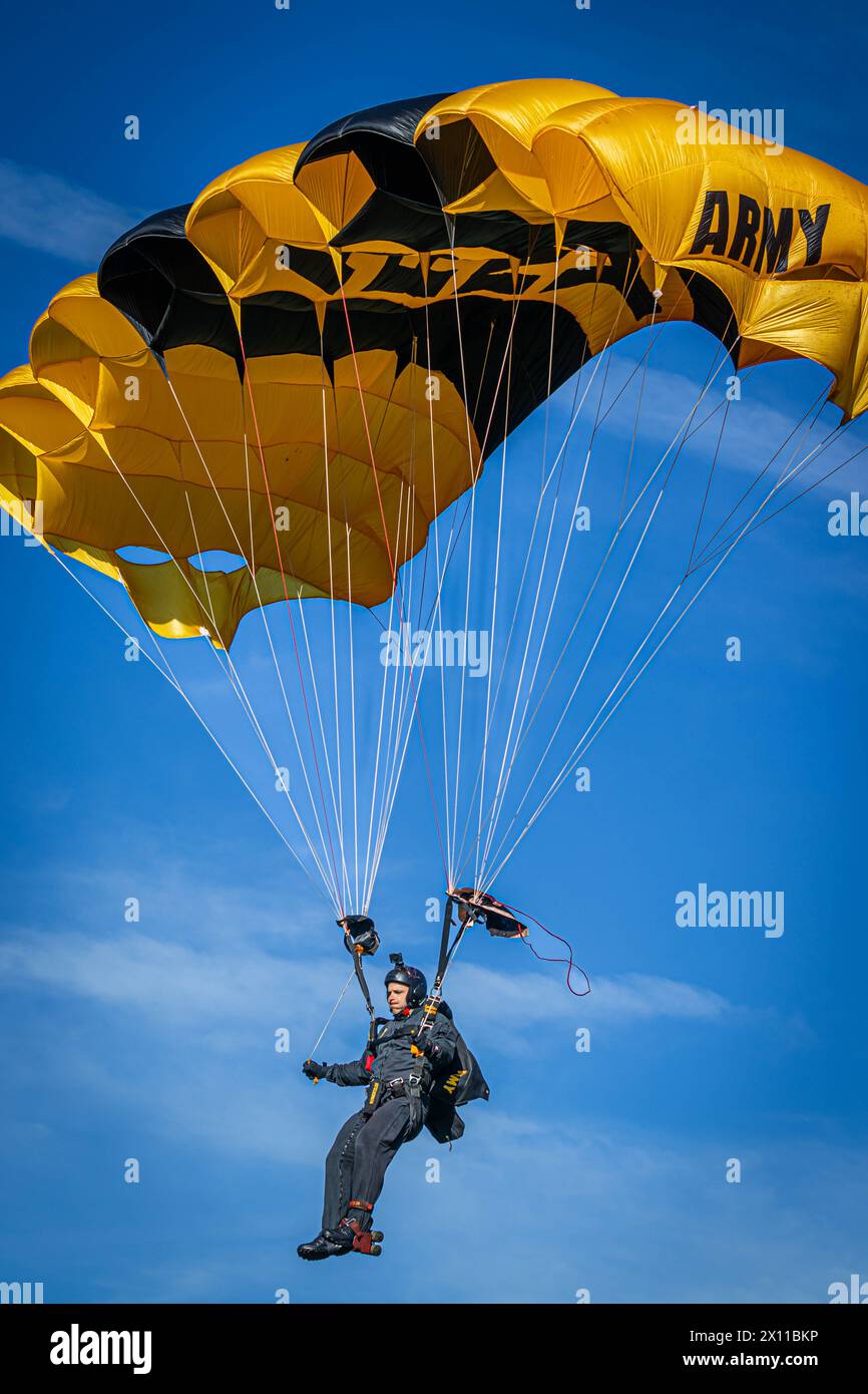 A U.S. Army Golden Knight parachutist descends toward the designated ...