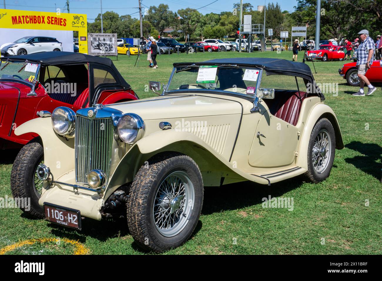 A light coloured 1948 MG TC sports car on display at the 2024 Centenary ...