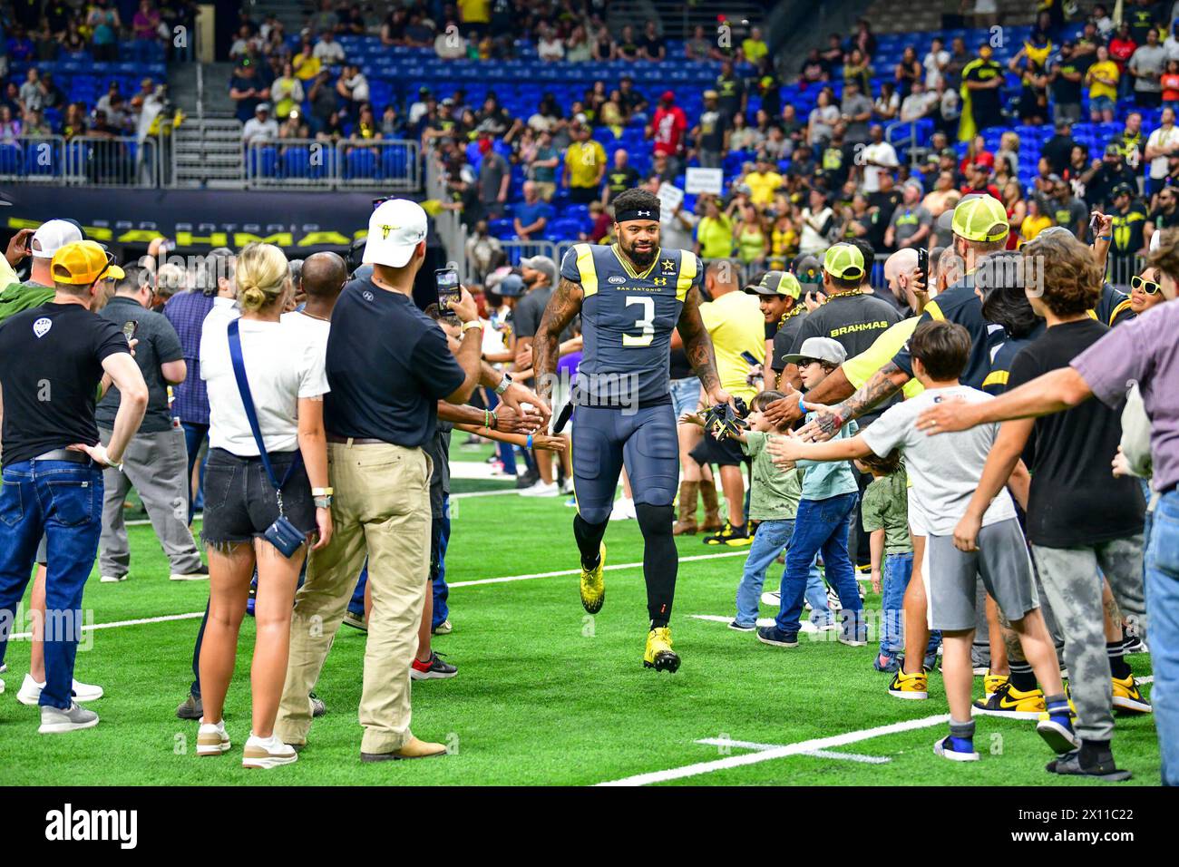 San Antonio, Texas, USA. 14th Apr, 2024. SA Brahmas #3 TE Cody Latimer being introduce onto the ...