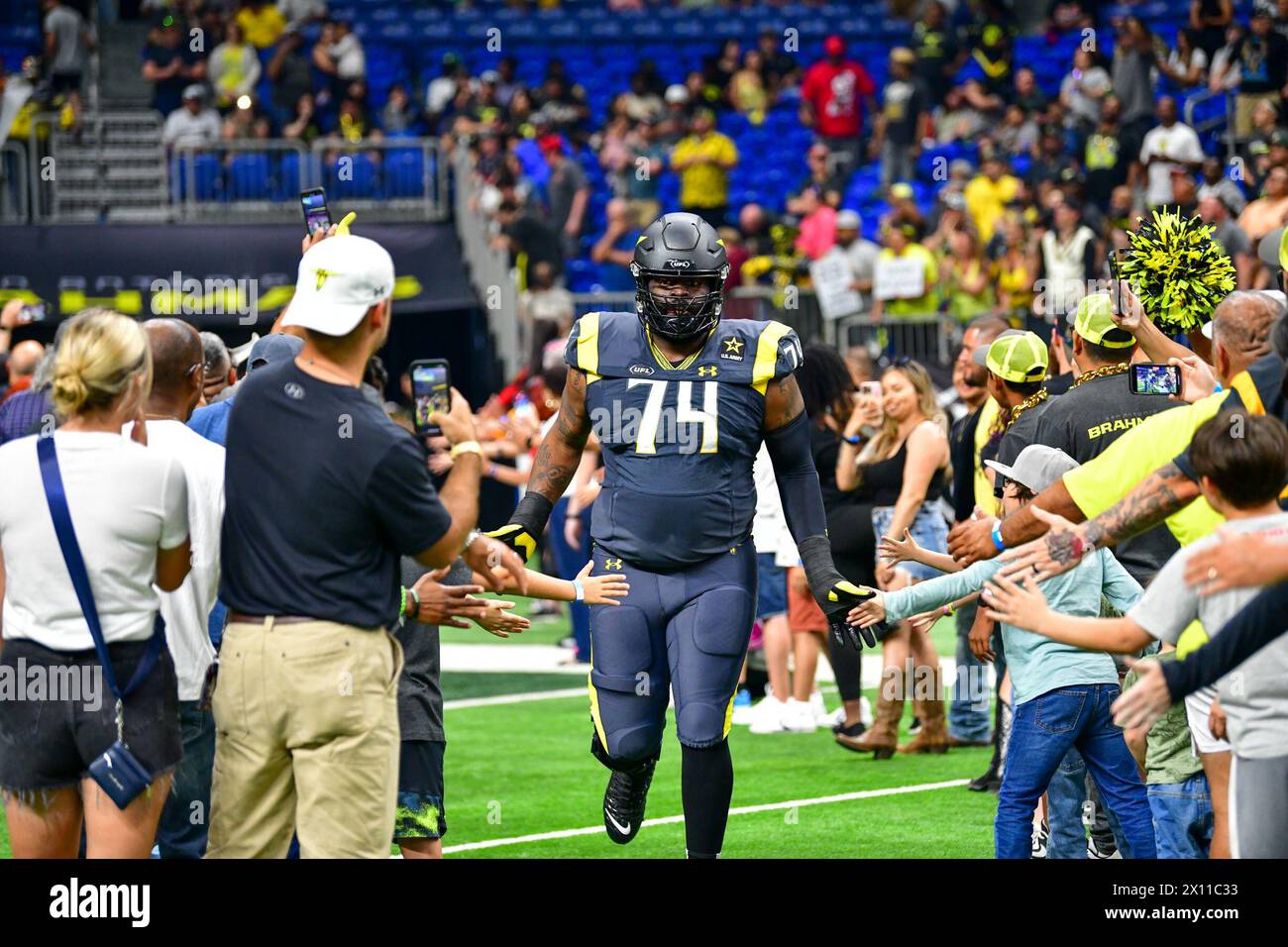 San Antonio, Texas, USA. 14th Apr, 2024. SA Brahmas #74 LT Derrick ...