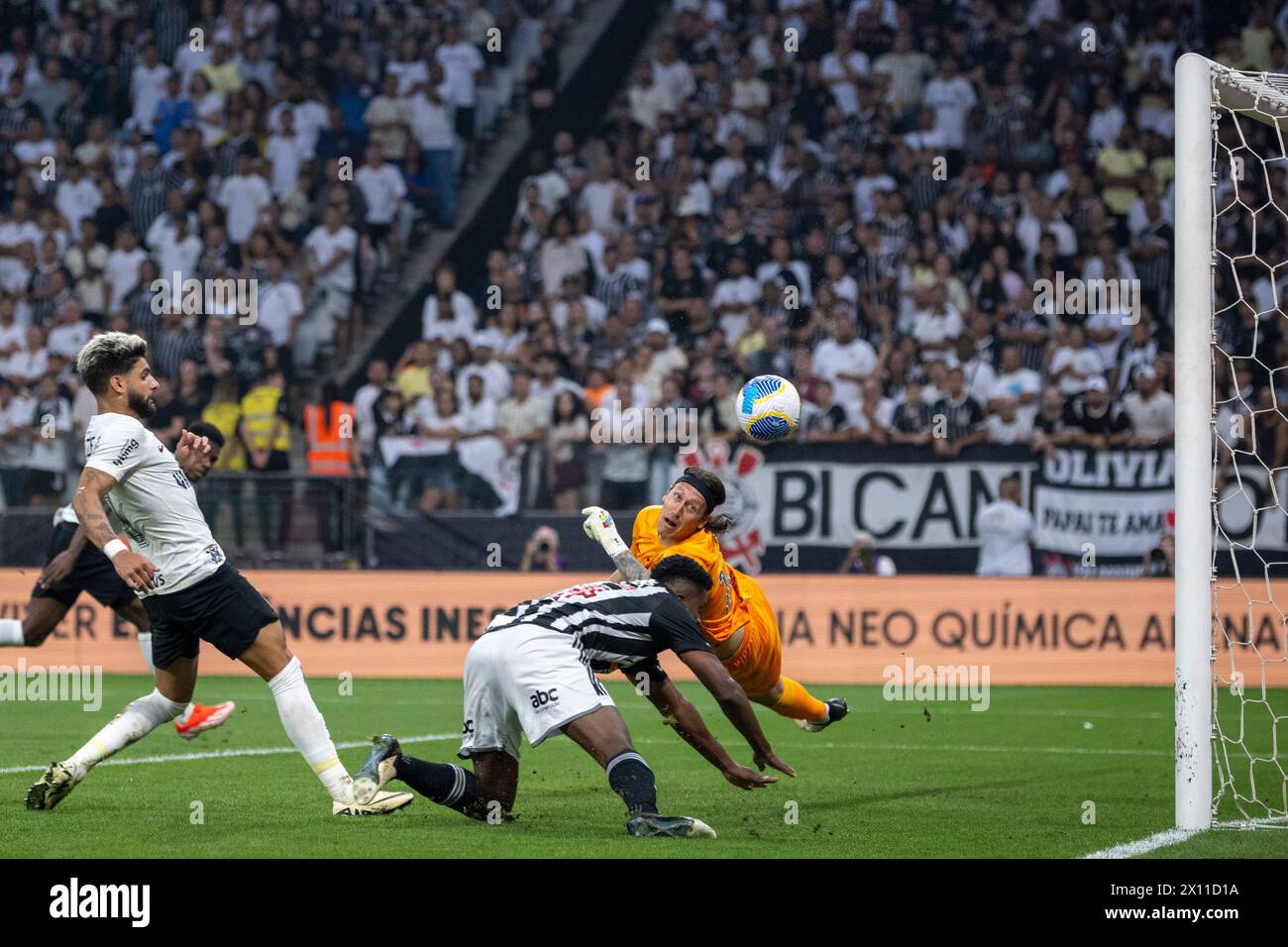 Sao Paulo, Brazil. 14th Apr, 2024. Cassio of Corinthians makes a save ...