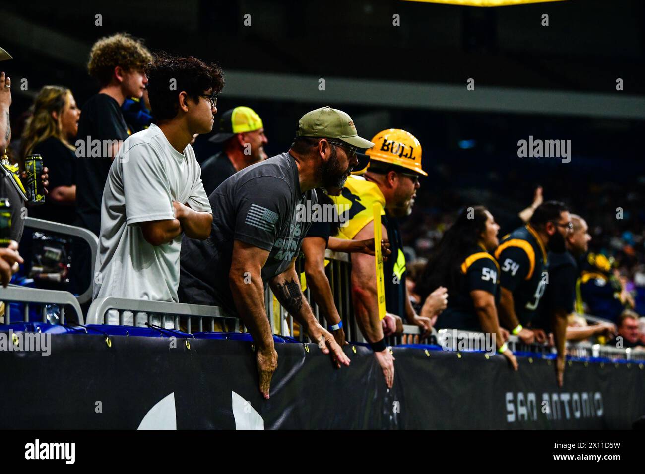 San Antonio, Texas, USA. 14th Apr, 2024. SA Brahmas fans pounding the endzone wall to make noise ...